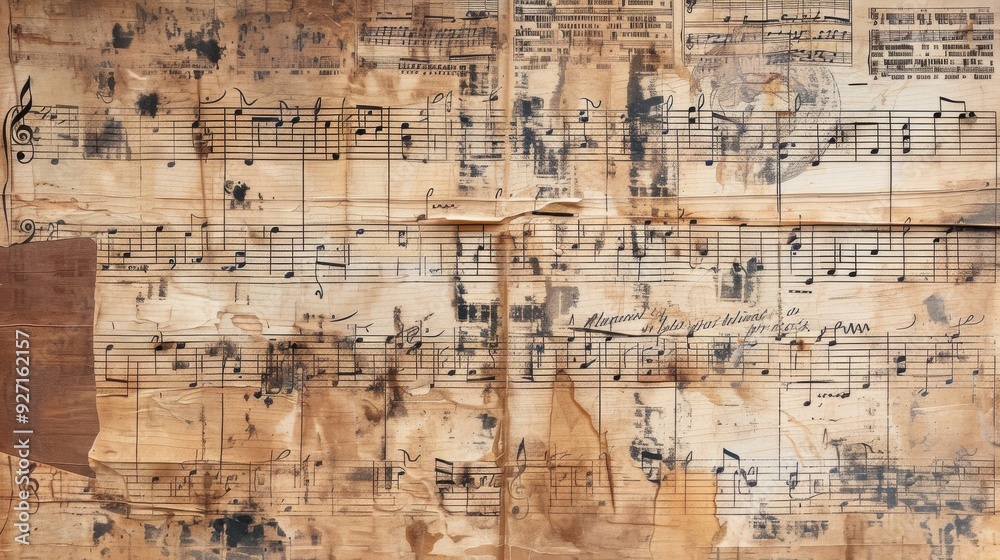 An old, worn sheet of music with black ink musical notes written on ...
