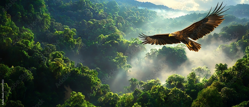 A majestic eagle soars over a lush green forest, showcasing the beauty ...