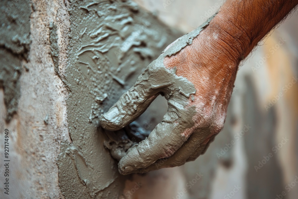 A close-up of a hand covered in mortar. This photo captures the detail ...