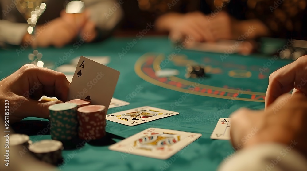 Poker table with a dramatic showdown between two players, cards ...
