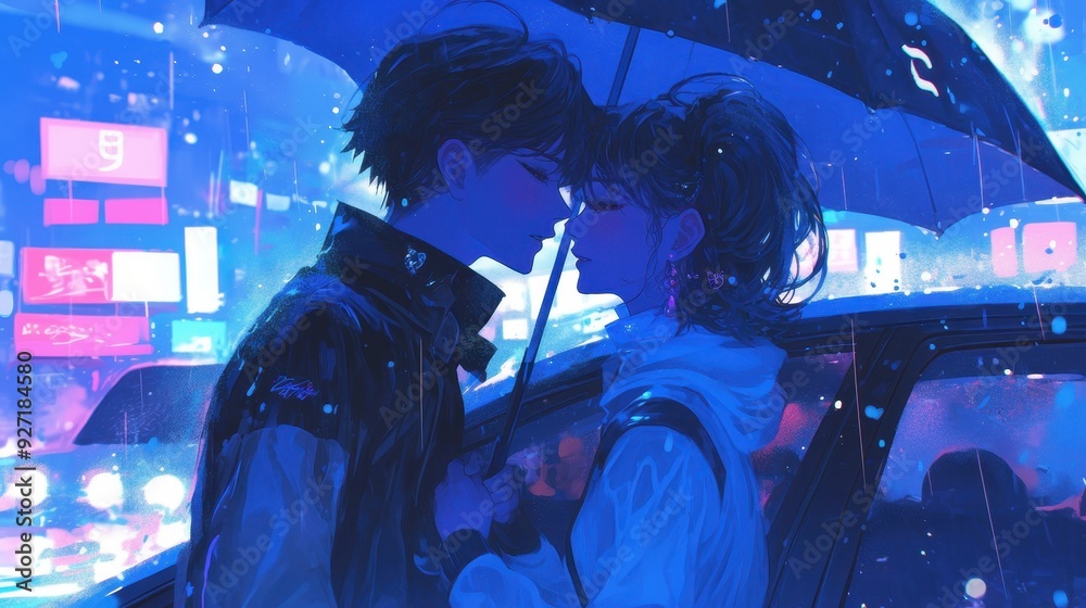 Rainy Day Affection, a couple sheltered beneath an umbrella strolls a ...