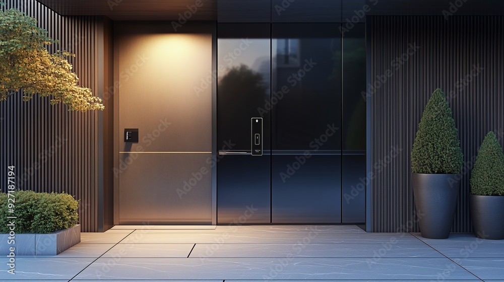 Modern home entrance with two doors, one with a keypad, and a wooden ...