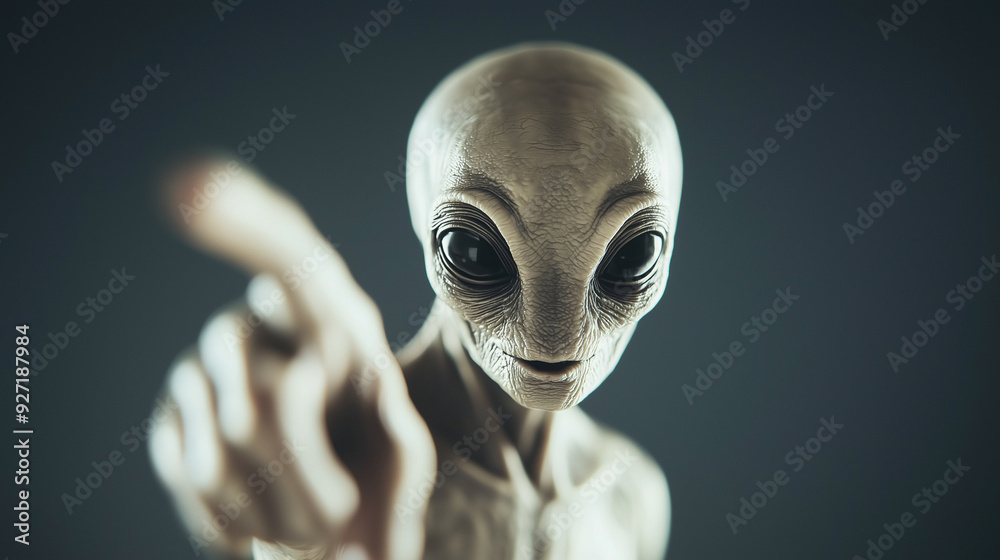 alien with a humanoid appearance, pointing directly at the camera with ...
