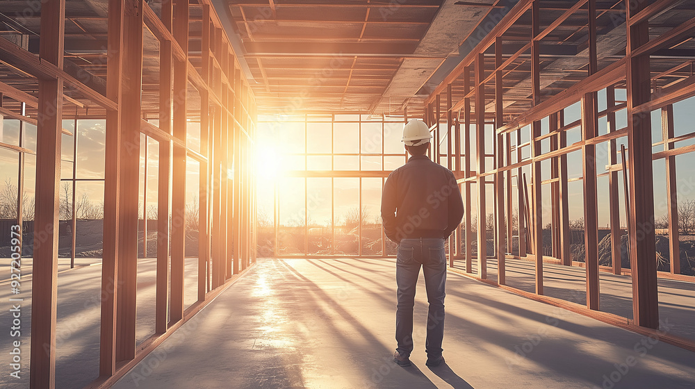 Engineer in a Sunlit Construction Site Surrounded by Wooden Frames and ...