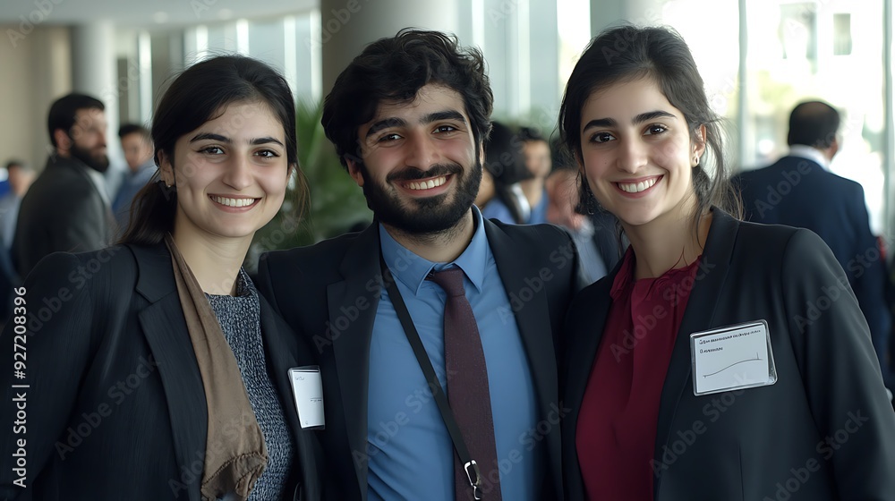 Three young adults, two women and a man of Middle-Eastern descent ...