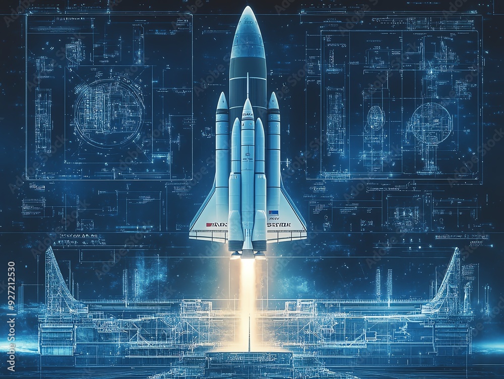 Artistic blueprint of a hightech spaceport, with detailed engineering ...