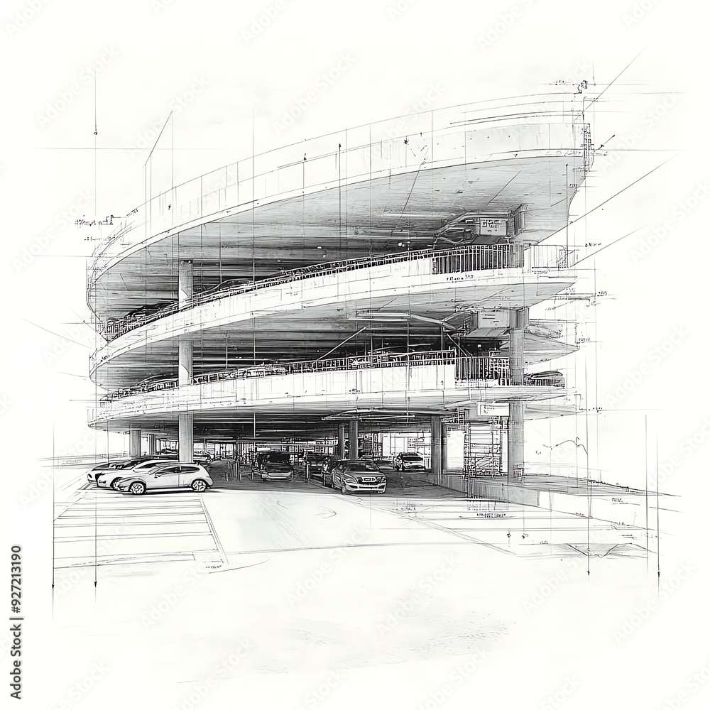 Crosssectional blueprint of a multilevel parking structure, focusing on ...