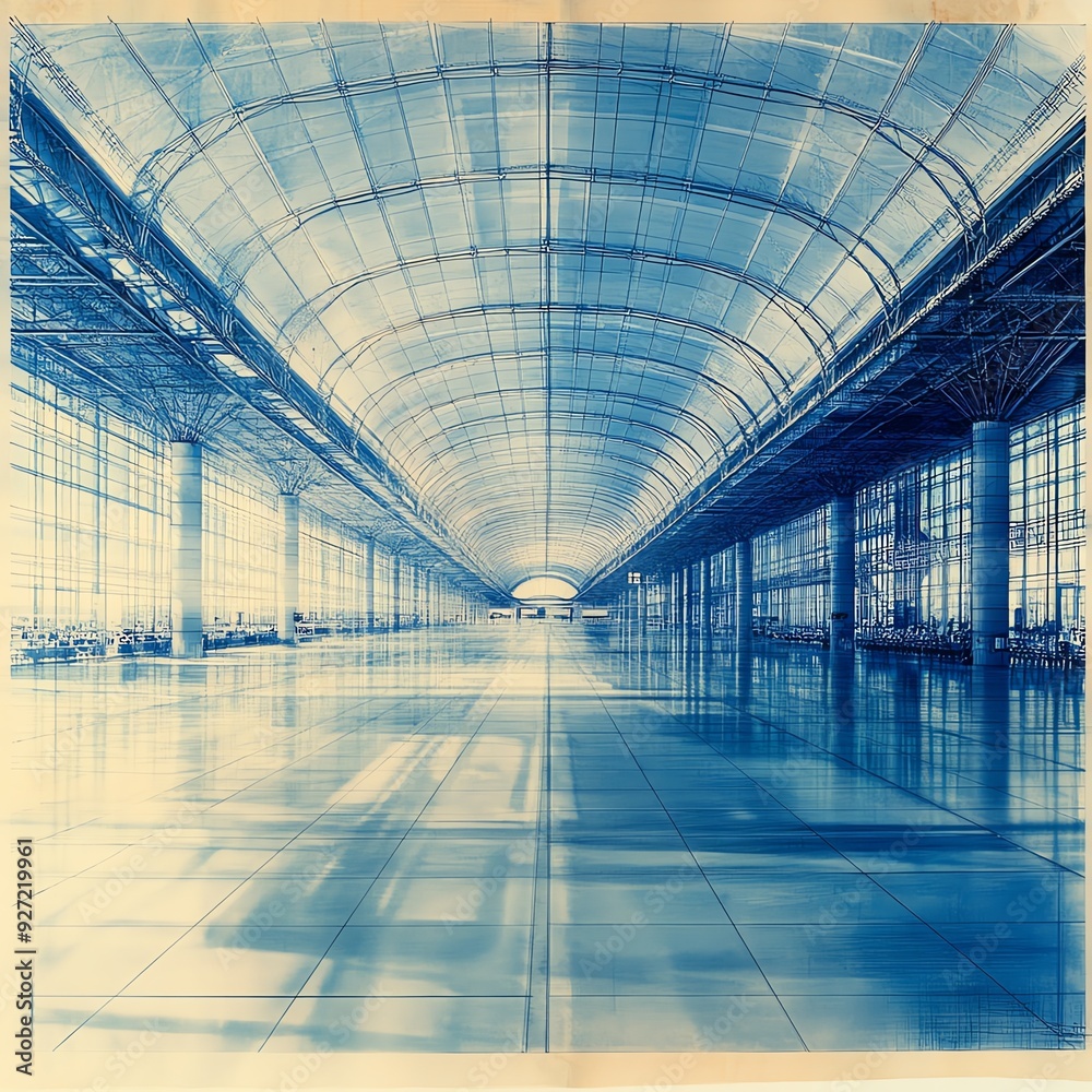 Skeleton framework of an airport terminal, with a detailed blueprint of ...