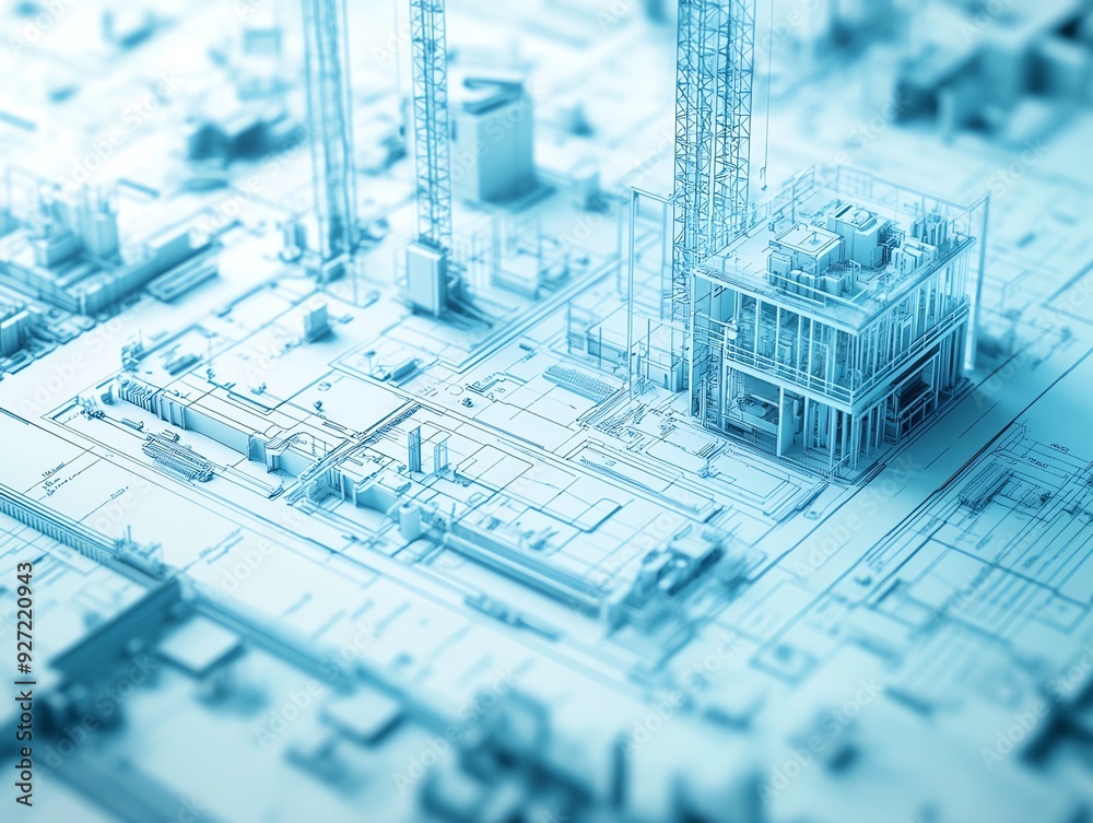 Artistic blueprint of a modular construction site, focusing on the ...