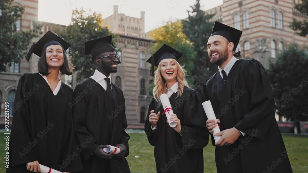 Group of mixed-raced graduates wearing gowns and hats. Classmates ...
