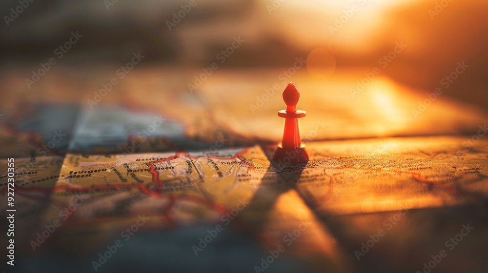 A red game piece stands prominently on a detailed map, casting a long ...