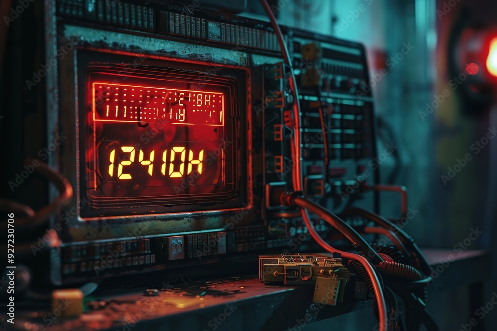 A retro digital clock displays time amidst a tangle of wires and an old ...