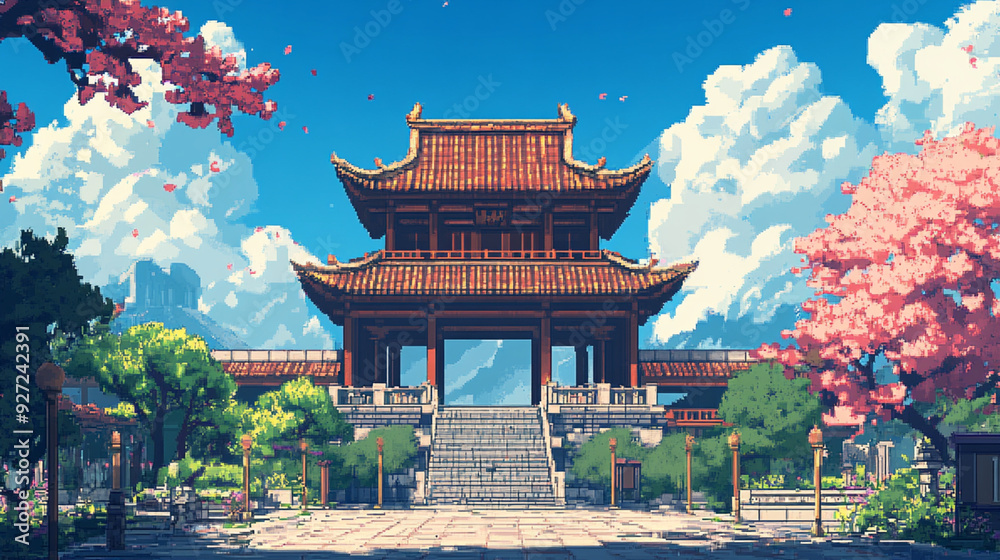 2d pixel art of China palace, aisan palace, game art, 16-bit, 32-bit ...