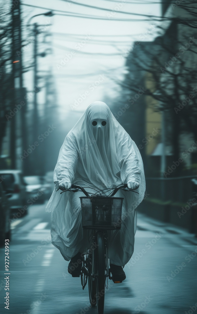 Ghostly figure riding a bicycle through a foggy urban street. A mysterious figure in a white ...