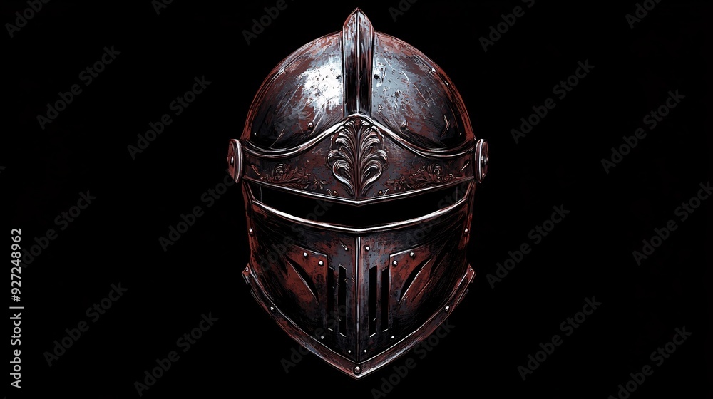 A knight's helmet with a raised visor and elaborate crest, stylized as ...
