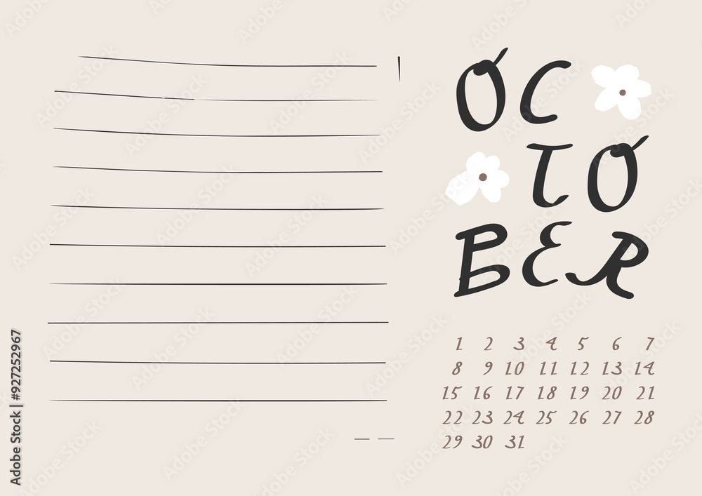 Monthly calendar in naive art. Calendar design for the month of October ...