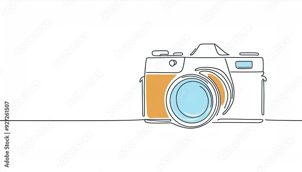 single line drawing of old retro analog slr camera with telephoto lens ...