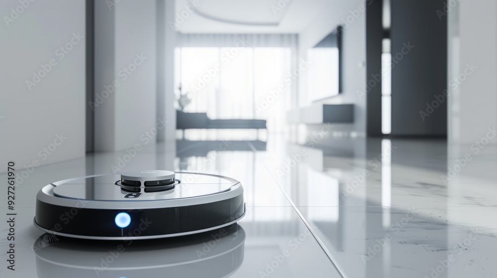 Modern robotic vacuum cleaner on marble floor. A sleek robotic vacuum ...