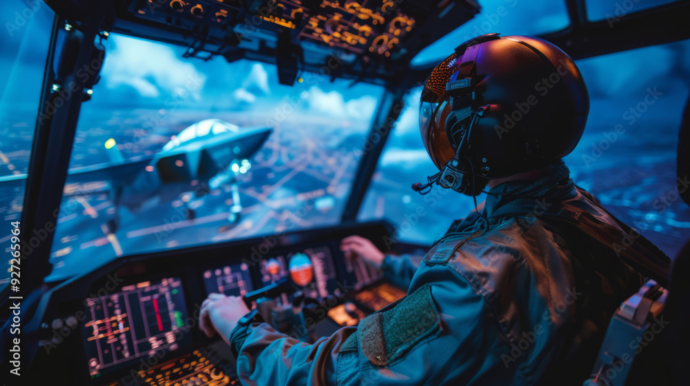Pilot cockpit view of fighter jet. Closeup of a pilot's hand on the ...