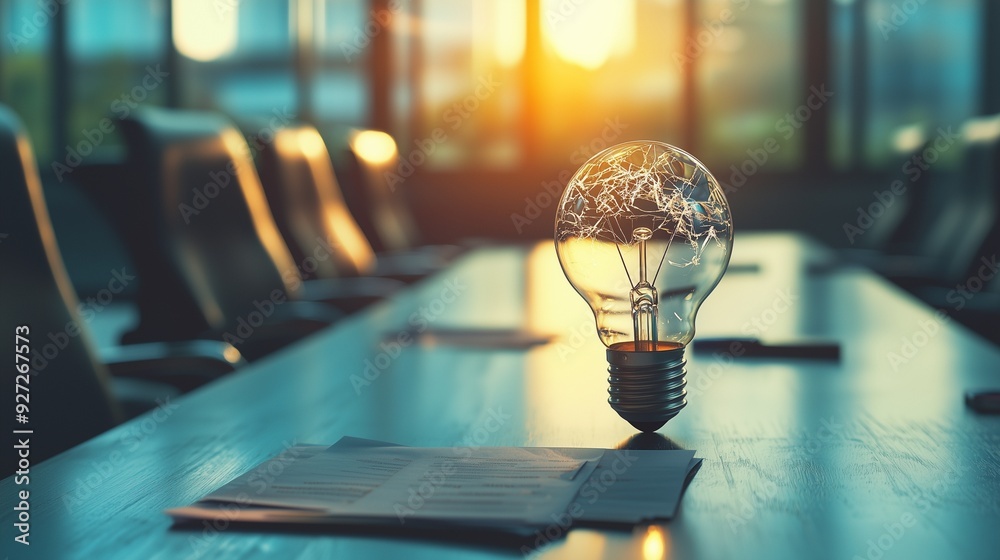 A light bulb on a conference table symbolizes lack of innovation in a ...