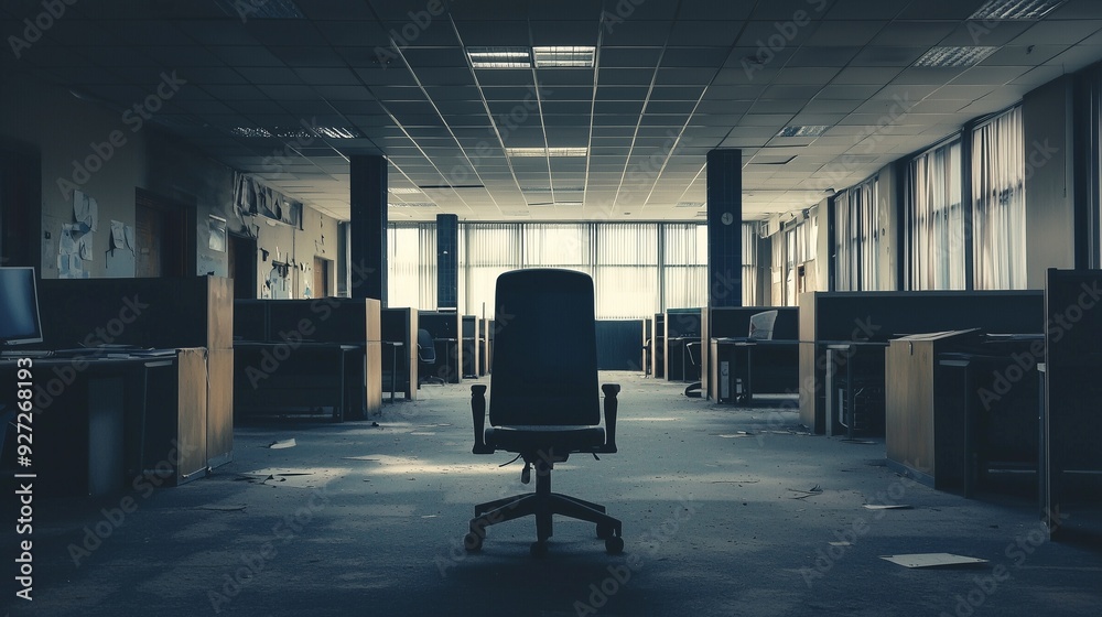 Foto de Dimly lit, empty office with unoccupied chairs and desks ...