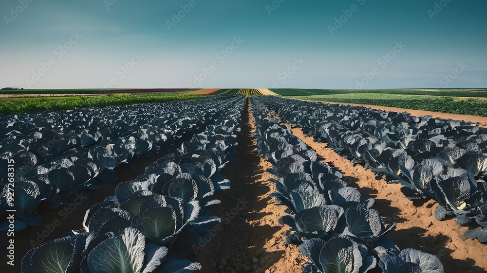 Vast fields of thriving cabbage plantations. The vegetable rows stretch ...