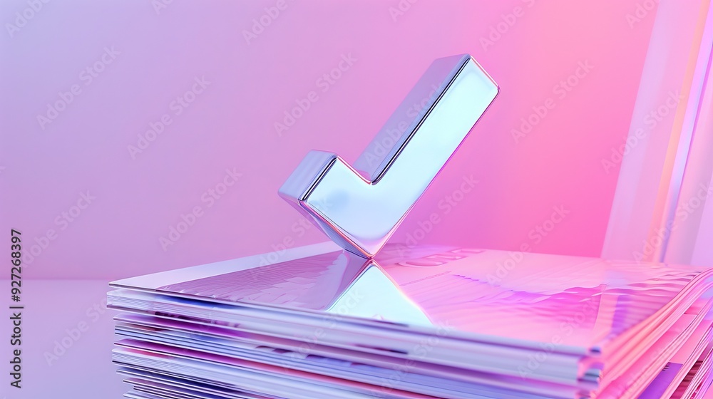 Approved documents stack with checkmark. A metallic checkmark icon ...