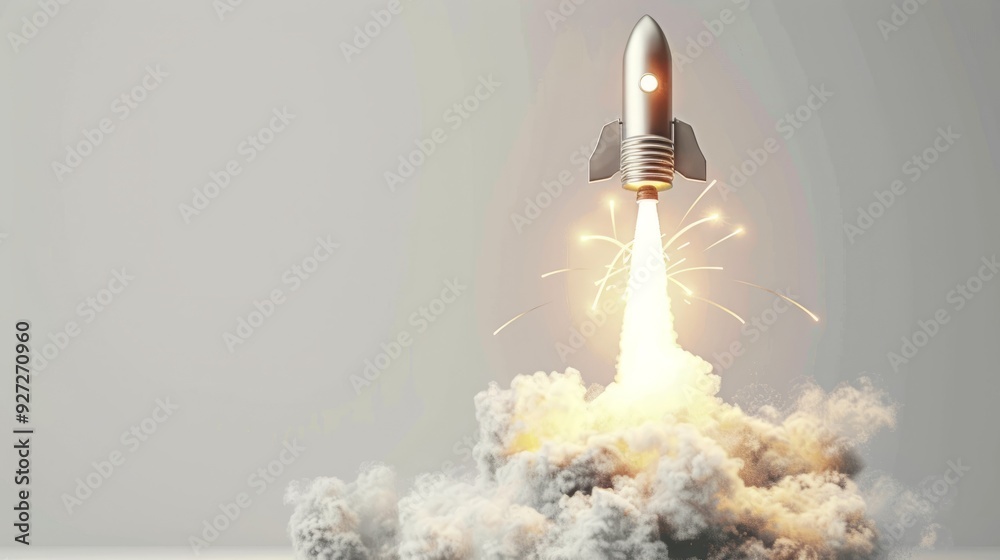 Rocket launch with smoke trail and sparkles. Silver rocket taking off ...