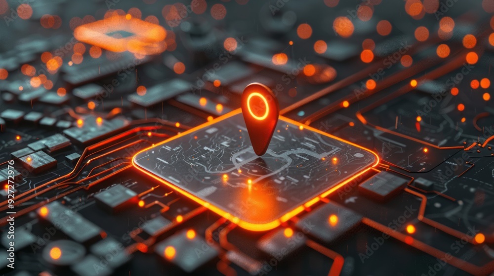 Digital map location pin on circuit board. A digital map with a ...