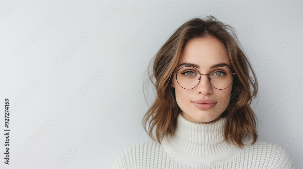 Round spectacles with delicate metal frames, worn by a model in a cozy ...