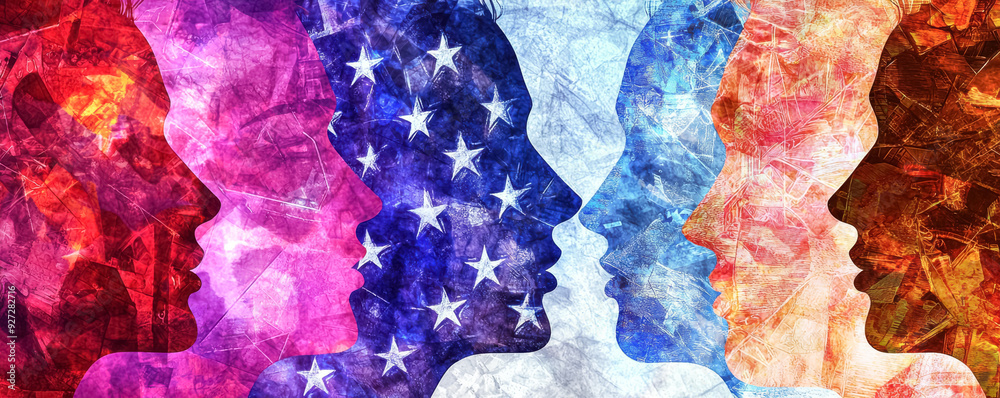Colorful Faces in Profile United by American Identity. A striking ...
