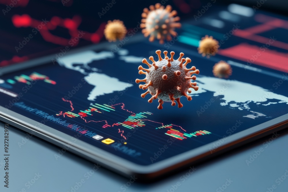 Sstock market graph with the world map and corona virus on it, blue ...
