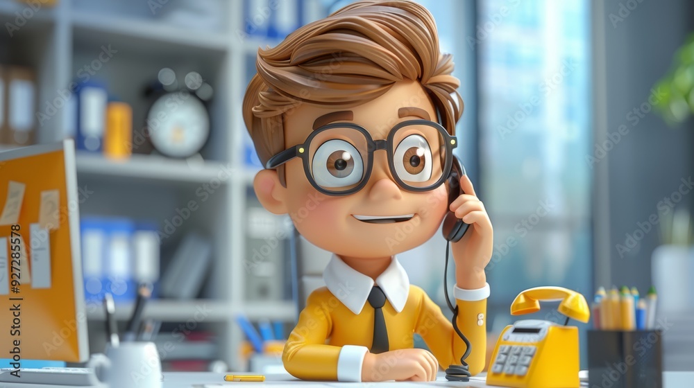 Cartoon 3D employee making a phone call in a cubicle Stock Illustration ...