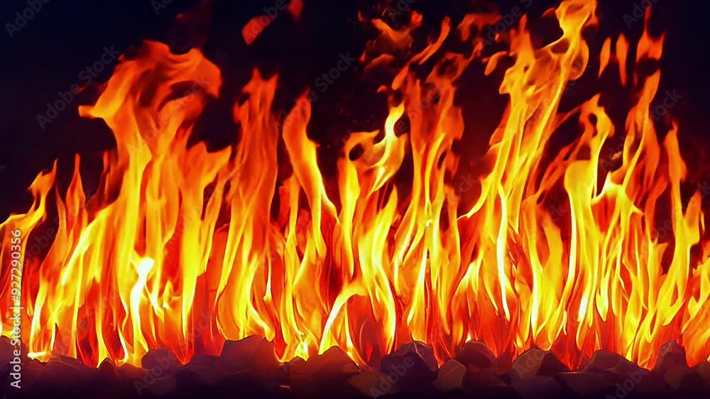A close up of a fire with many flames. The fire is orange and the ...