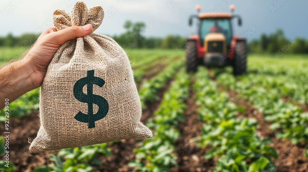 A hand holding a money bag with a dollar sign in a farm field ...