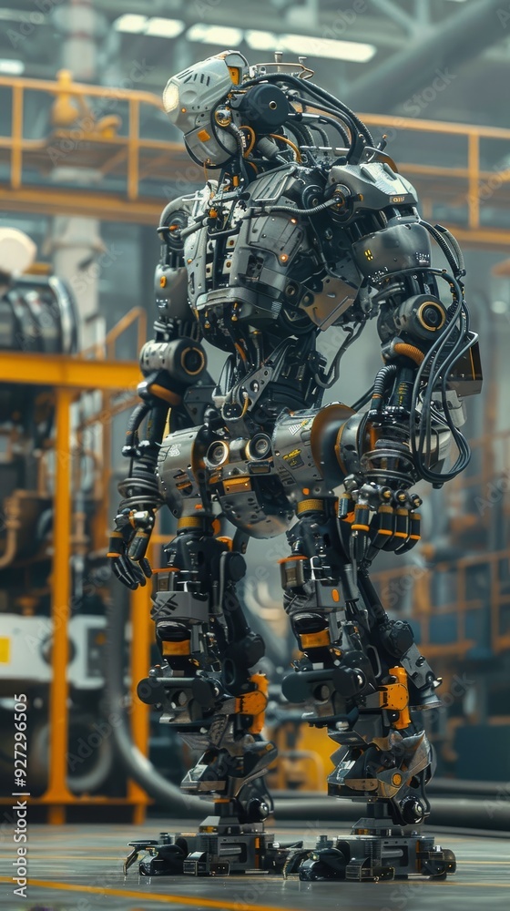 A powered mechanical suit in an industrial setting, with a worker using ...