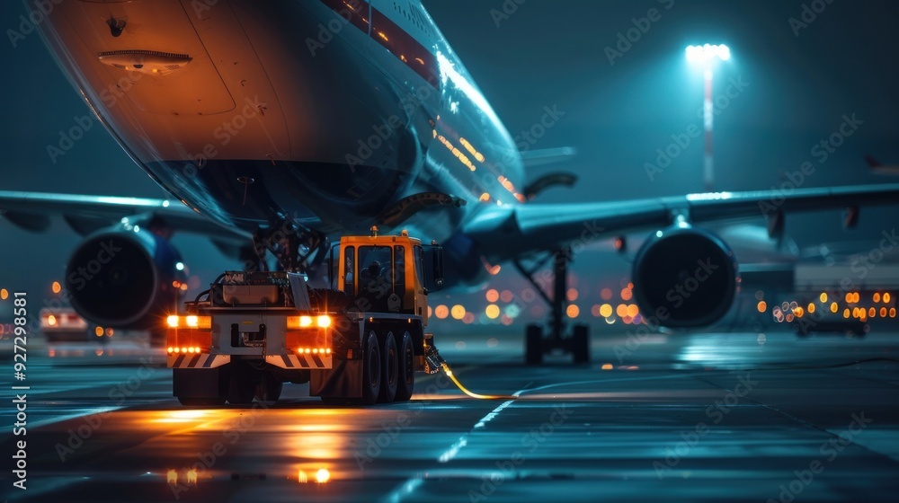 Truck with a tank of kerosene of aviation fuel connected to the fuel ...