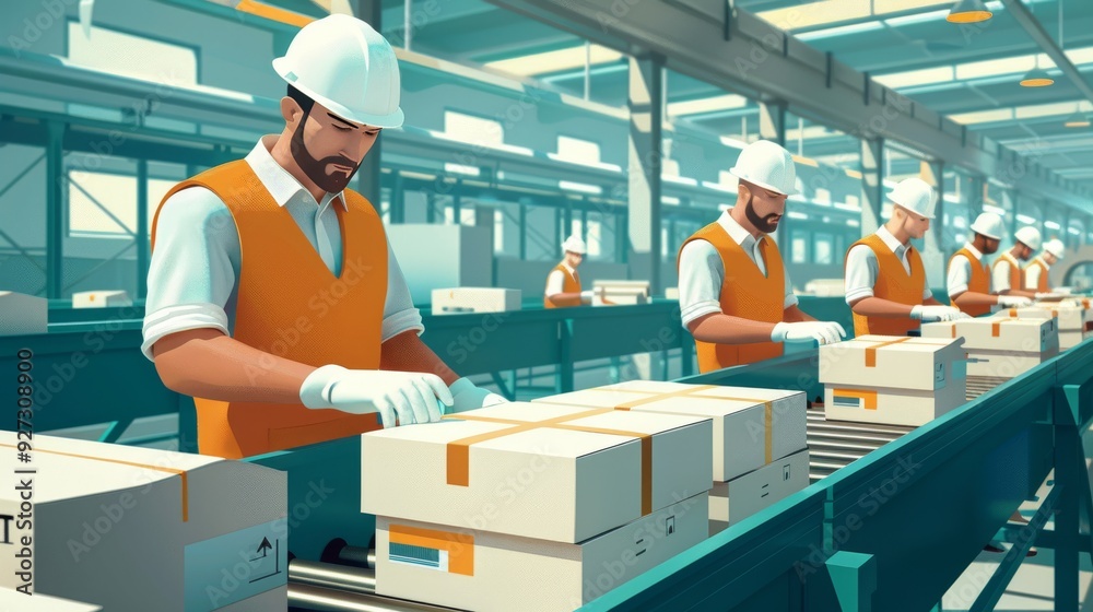 Cartoon vector image of employees inspecting items on a conveyor belt ...
