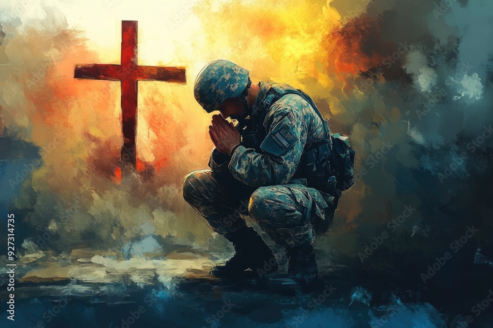 Powerful faith! Christian soldier kneels in prayer, cross looming in ...