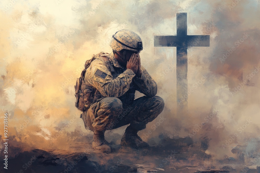 Powerful faith! Christian soldier kneels in prayer, cross looming in ...