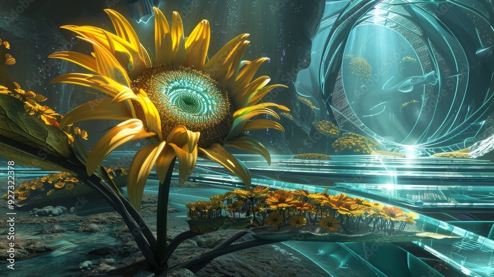 Futuristic depiction of a sunflower with bioluminescent petals in a ...
