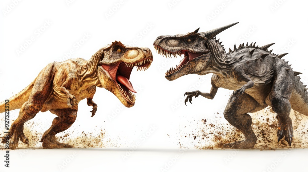 Epic dinosaur battle between T-Rex and Spinosaurus, showcasing ...