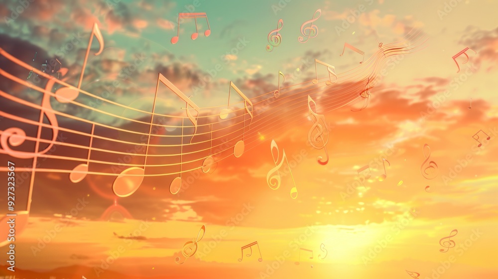 Treble clef and swirly staff with musical notes against sunset sky ...