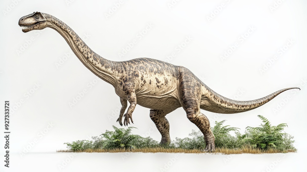 Realistic model of a long-necked dinosaur standing on a plant-filled ...