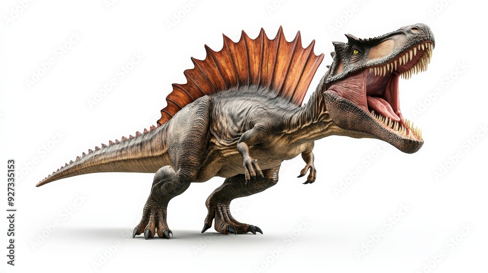 Roaring Spinosaurus with impressive sail-back and sharp teeth, isolated ...