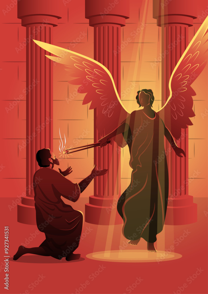 Isaiah kneels in the temple as the seraphim touches a coal to Isaiah’s ...