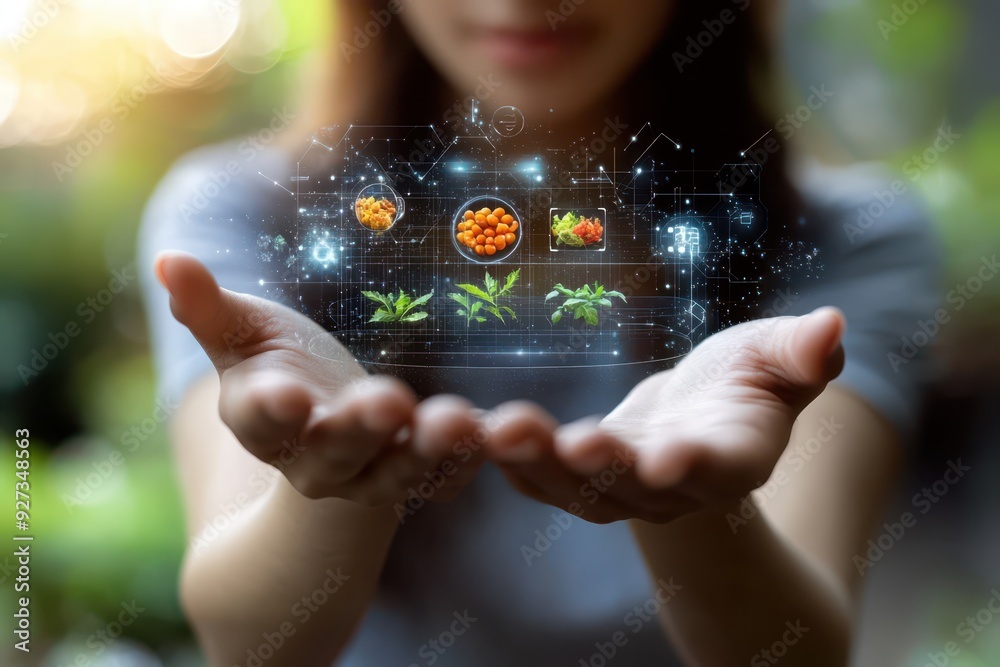 Hand of woman holding a hologram of food technology, featuring ...