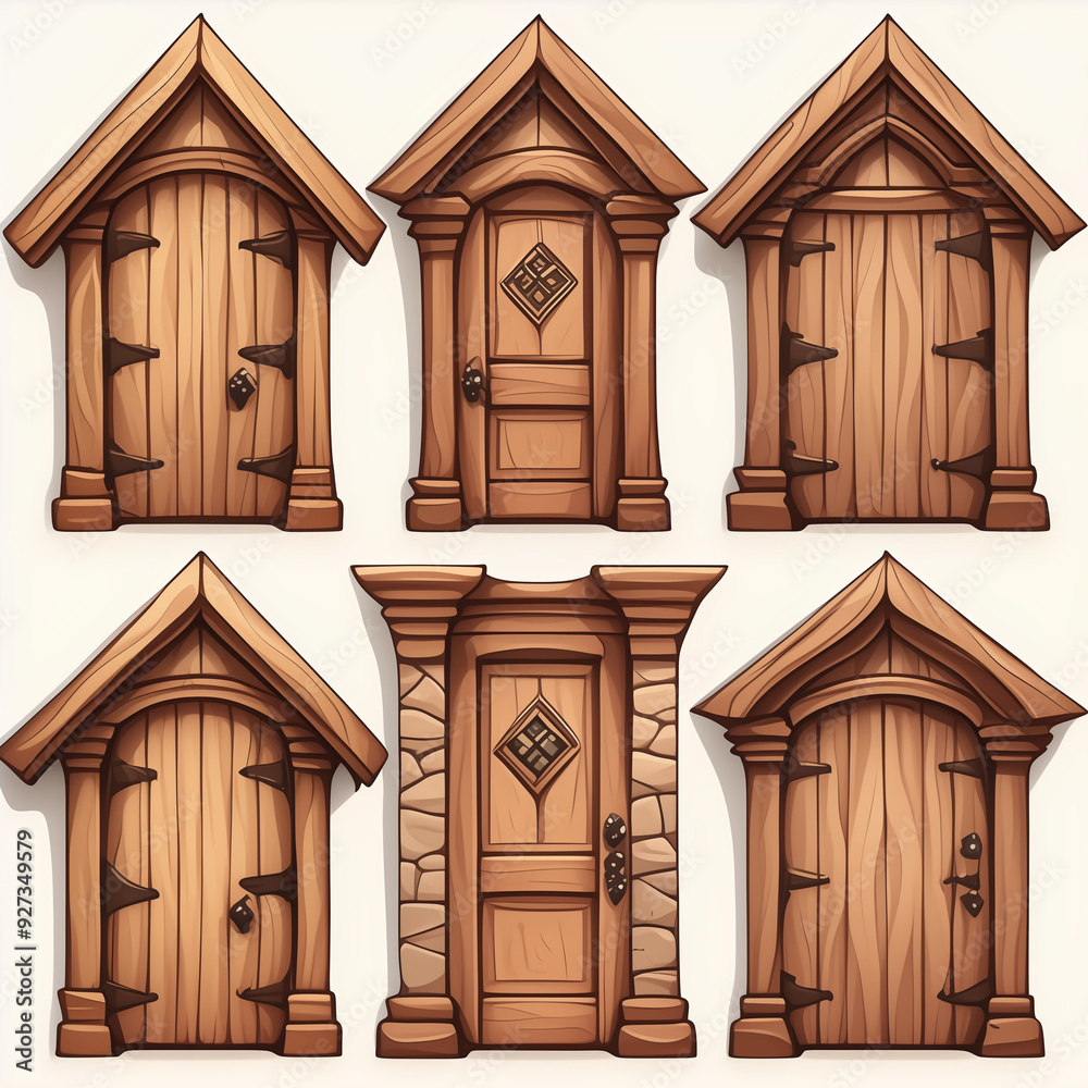 A modern cartoon illustration of a wooden front door with a stone frame ...