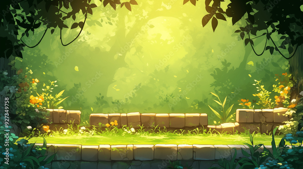 A 2D forest background for a video game, featuring an arcade-style ...