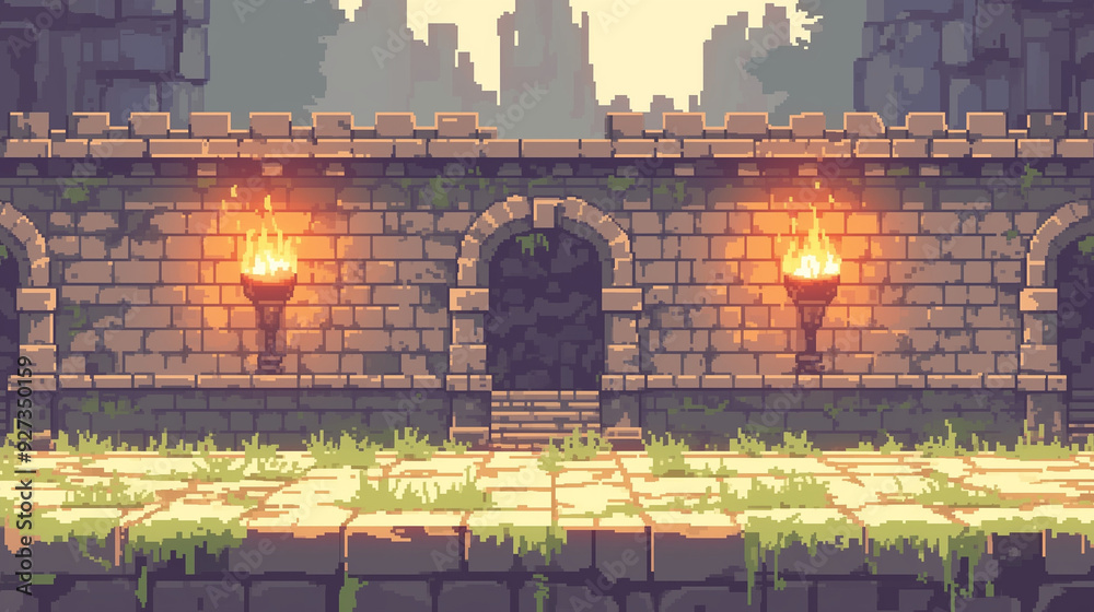 2D retro pixel art tile set featuring dungeon ground tiles with grass ...